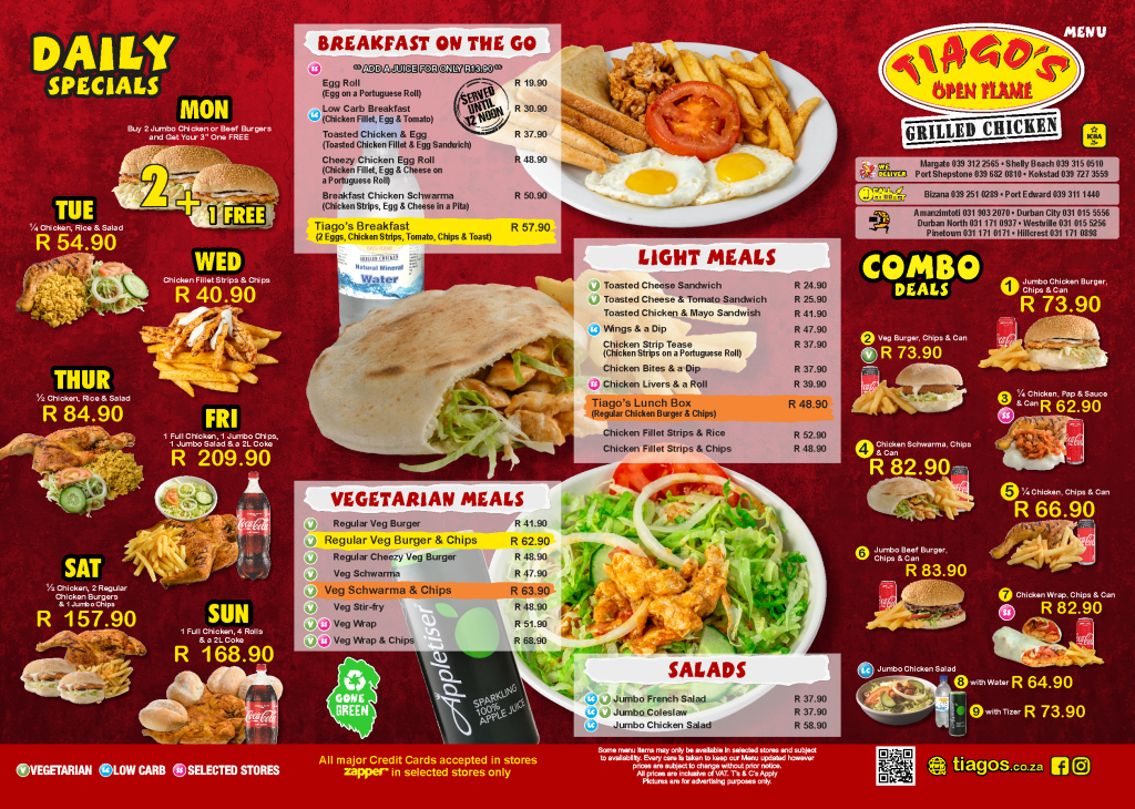 Menu - Tiago's Open Flame Grilled Chicken