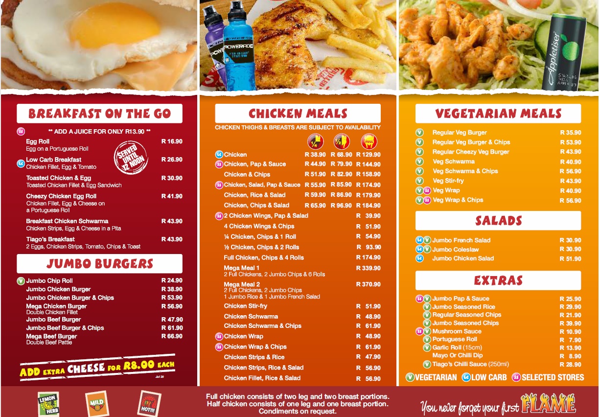 Menu - Tiago's Open Flame Grilled Chicken
