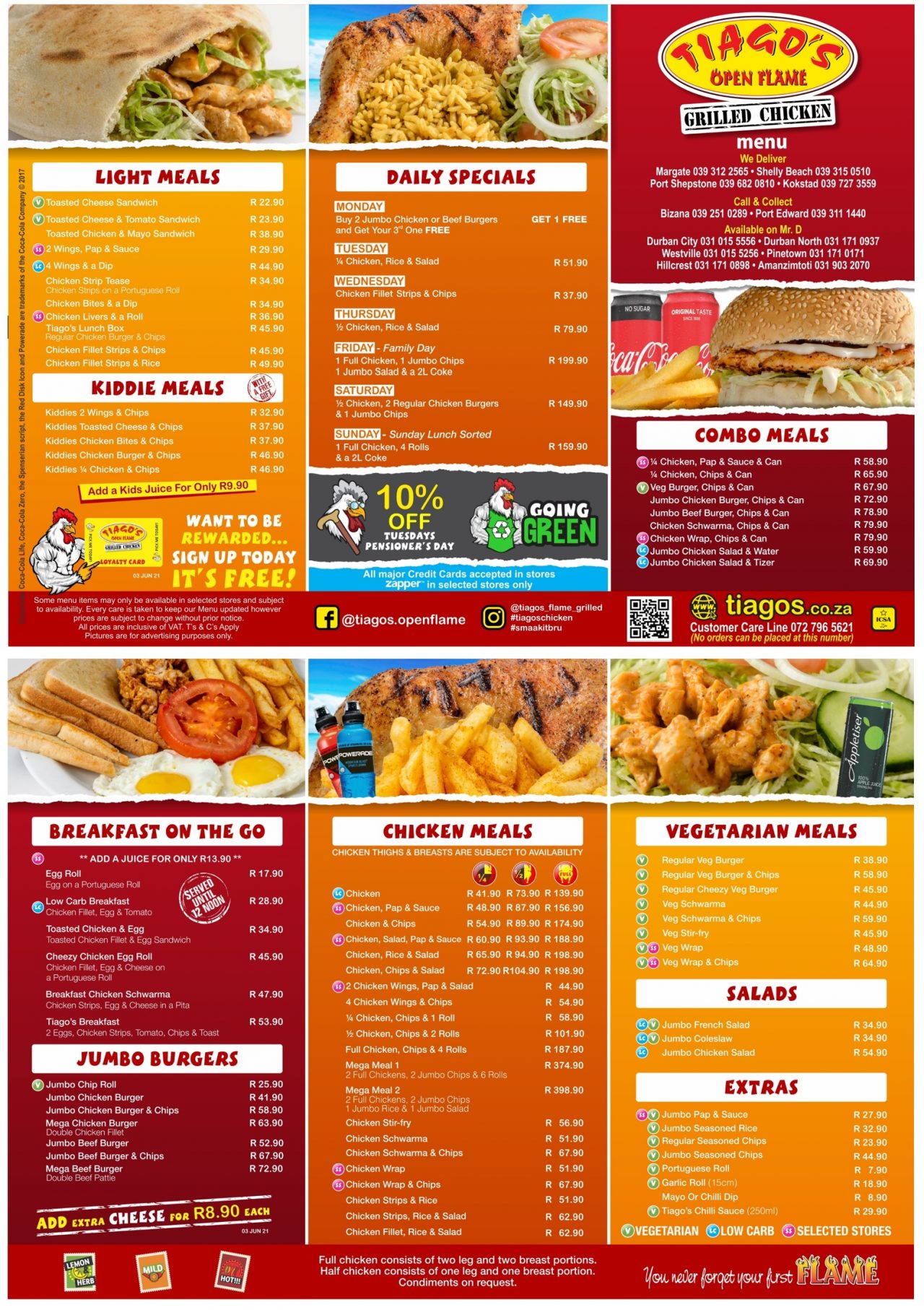 Double Page menu June 2021 - Tiago's Open Flame Grilled Chicken